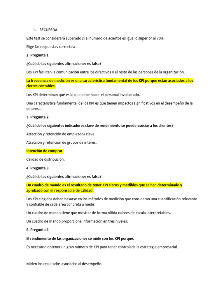 Modulo 3 Banco de Preguntas (1) | PDF | Indicador de rendimiento | Calidad (comercial)