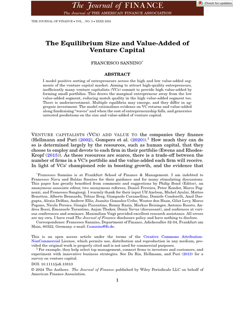 The Journal of Finance - 2024 - SANNINO - The Equilibrium Size and Value Added of Venture ...