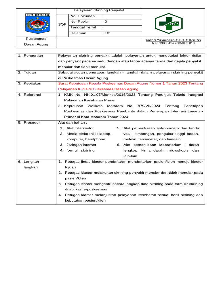 SOP Pelayanan Skrining ILP | PDF | Kesehatan Holistik