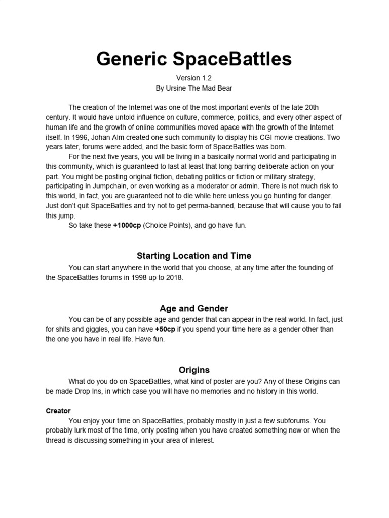 Generic SpaceBattles JumpChain | PDF | Internet Forum