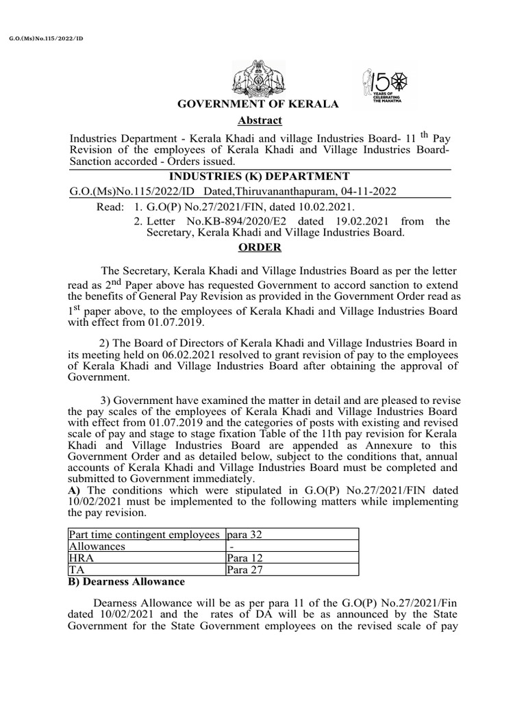 Kerala Khadi Pay Revision Order 2022 | PDF | Employment