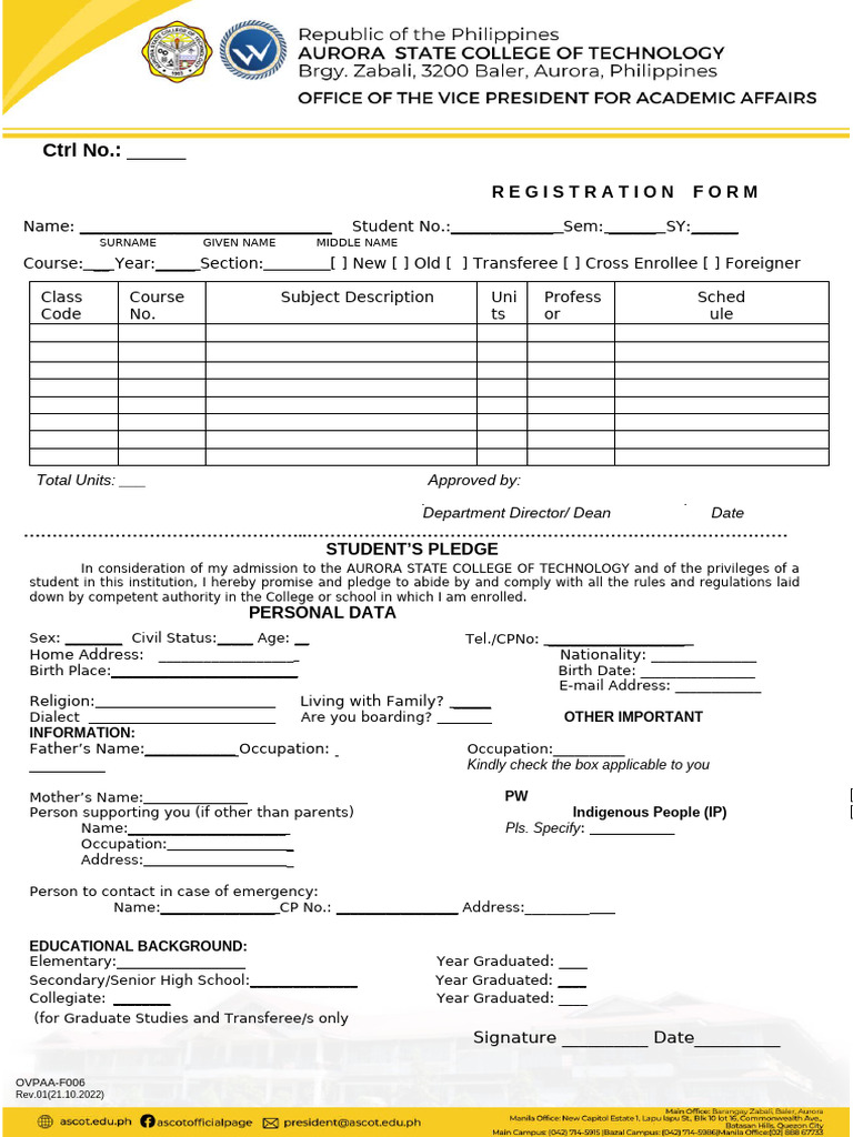 Registration Form For Enrollment | PDF | Justice | Crime & Violence