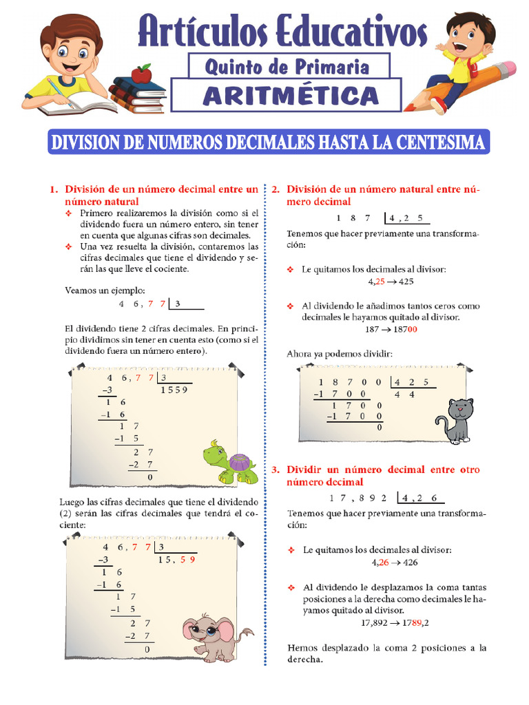 Division de Numeros Decimales Hasta La Centesima para Quinto de ...