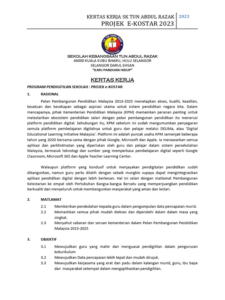 Kertas Kerja Cadangan SK Tun Abdul Razak Projek E-Kostar 2023 | PDF