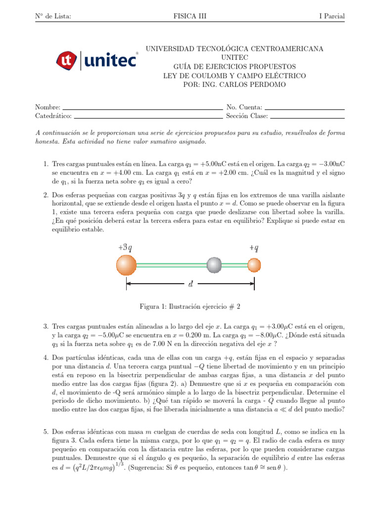 01 Guia de Ejercicios Fisica III Unitec Ley de Coulmb y Campo Electrico (1) | PDF | Campo ...