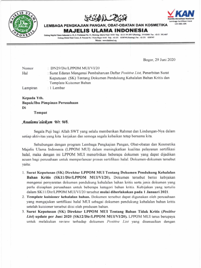 DN 29 Surat Edaran Positive List, Dokumen Pendukun Dan Kuisioner Bahan ...
