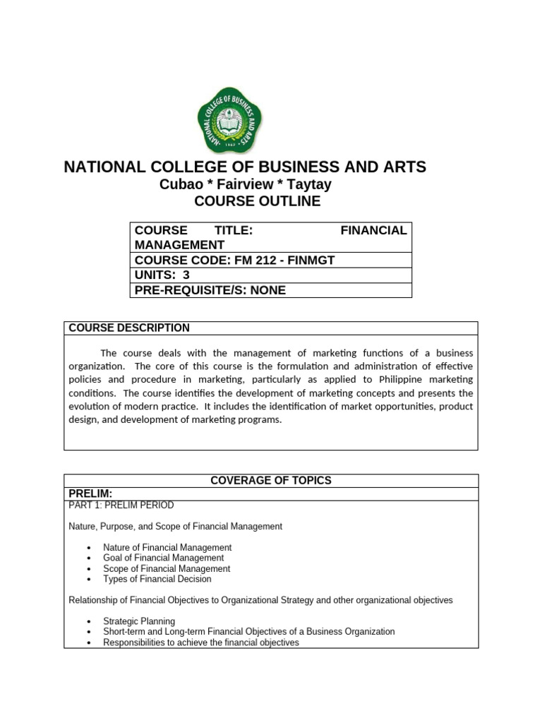 Ncba Course Outline FM | PDF | Working Capital | Marketing