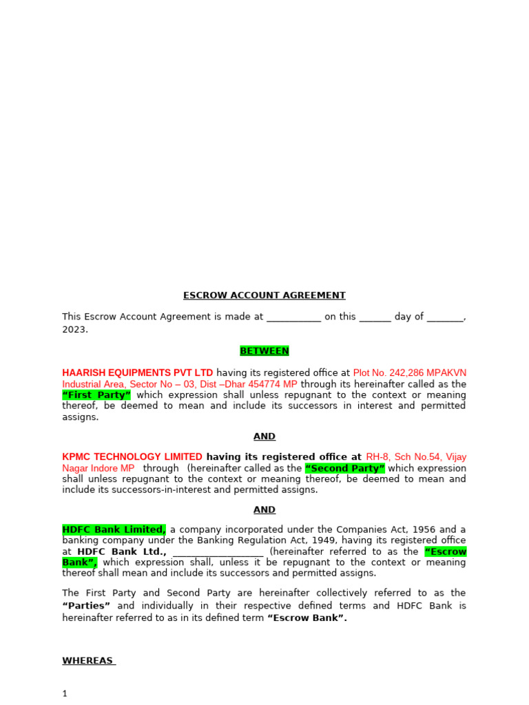 Escrow Agreement Sample Format - Retail Branch | PDF | Indemnity ...