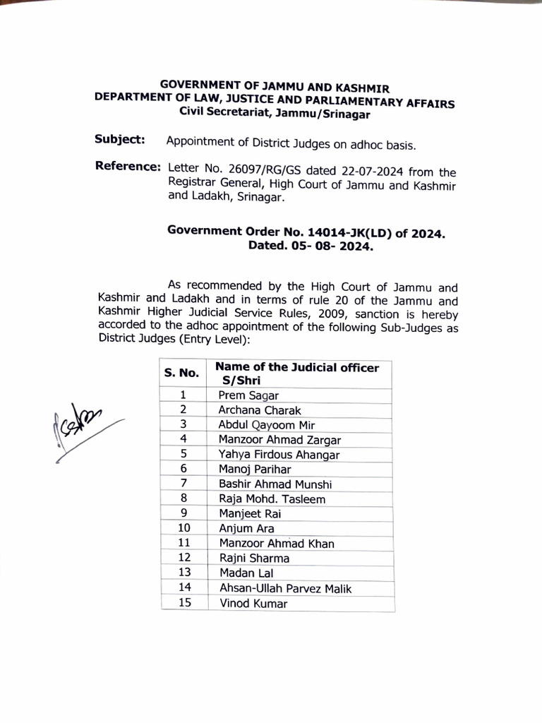 Adhoc Appointment of District Judges in J&K | PDF | Government ...