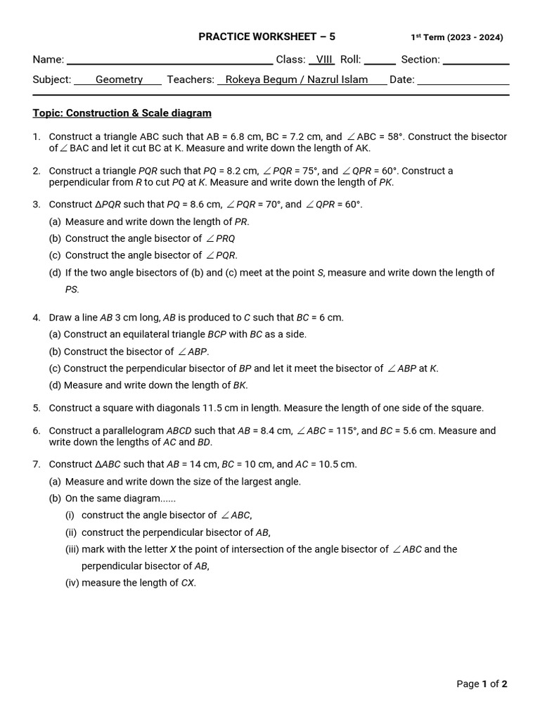 Geometry Construction Worksheet | PDF | Triangle | Circle