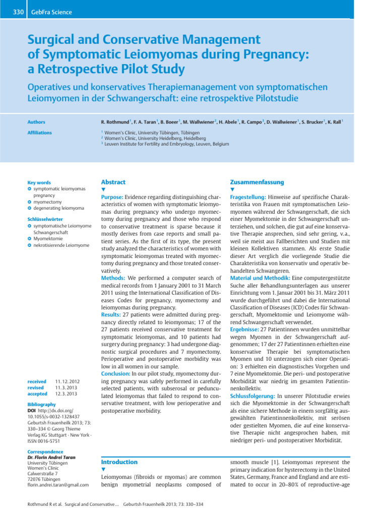 Surgical and Conservative Management of Symptomatic Leiomyomas During Pregnancy - A ...
