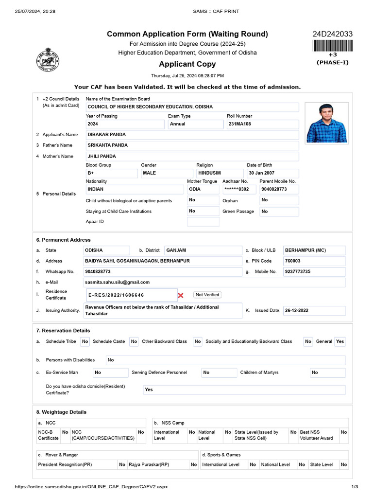 KK College Waiting List Application SAMS - CAF PRINT | PDF