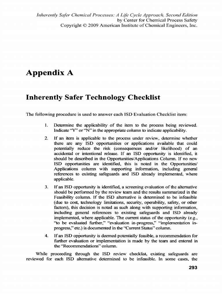 Inherently Safer Chemical Processes - 2008 - Appendix A Inherently Safer Technology Checklist ...