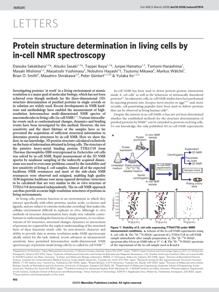 Letters: Protein Structure Determination in Living Cells by In-Cell NMR Spectros | PDF | Nuclear ...