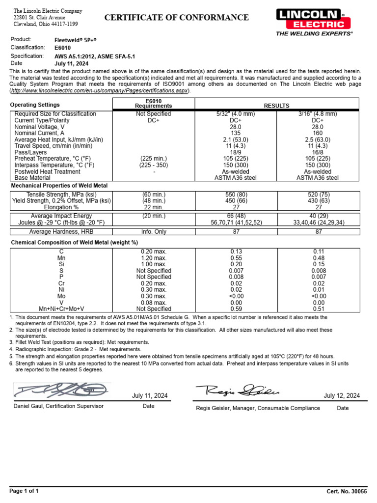 Certificate of Conformance: Fleetweld® 5P+® | PDF | Welding | Construction