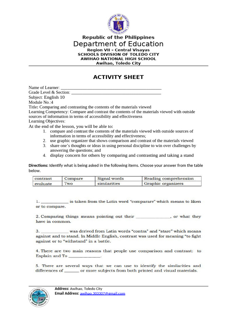 English 10-Activity Sheet-Module 4 | PDF | Learning | Cognitive Science