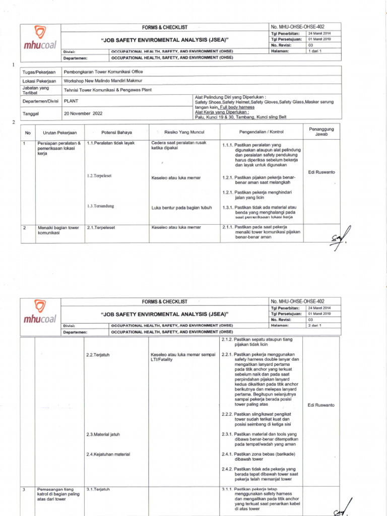JSA Pembongkaran Tower Komunikasi Office | PDF