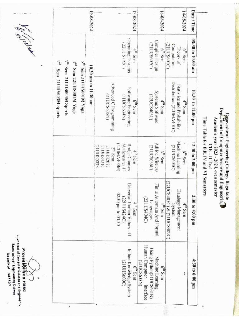 CIE2 Time Table 4th and 6th Sem BE CSE | PDF