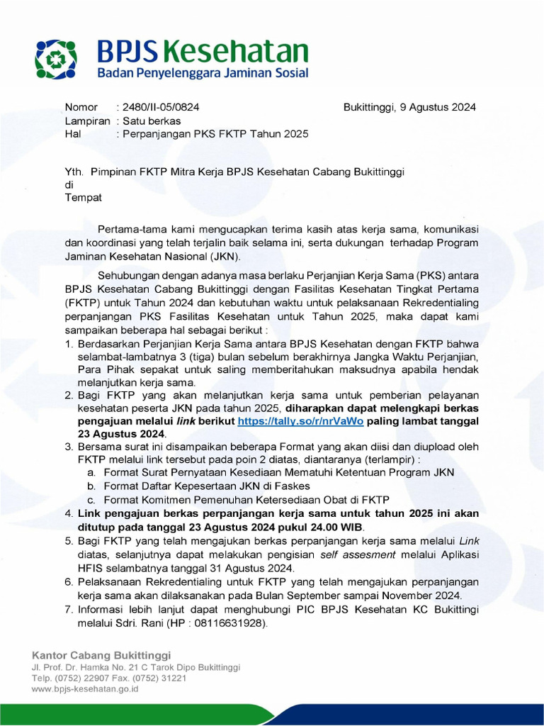 Surat Perpanjangan PKS FKTP Tahun 2025 | PDF
