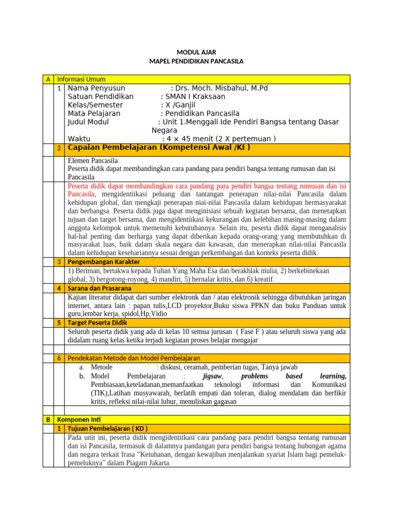 X Modul Ajar Pancasila X Unit 1 - P.MISBAH | PDF