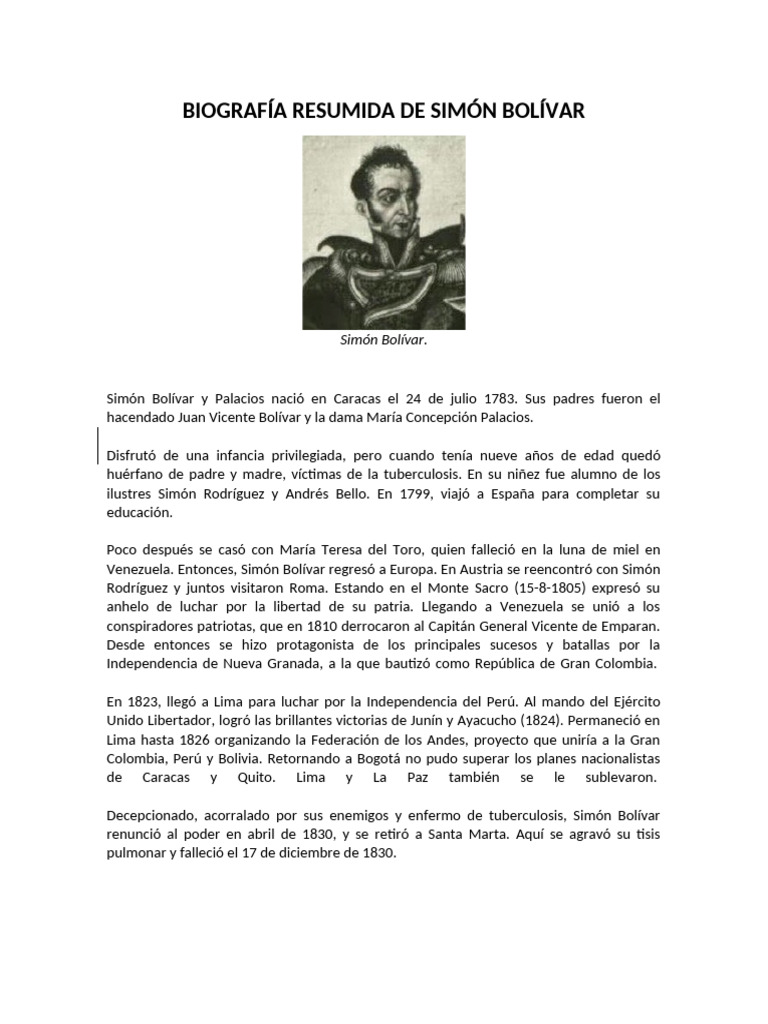 Biografía de Simón Bolívar: Libertador | PDF