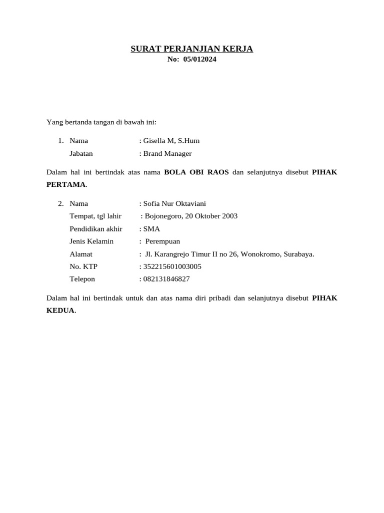 Kontrak Kerja Sofi-1 | PDF | Bisnis | Pengelolaan Keuangan & Uang