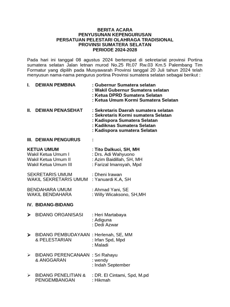 Kepengurusan Portina Sumsel 2024-2028 | PDF