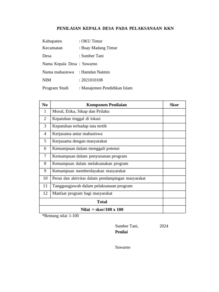Format Penilaian Kepala Desa Pada Pelaksanaan KKN | PDF