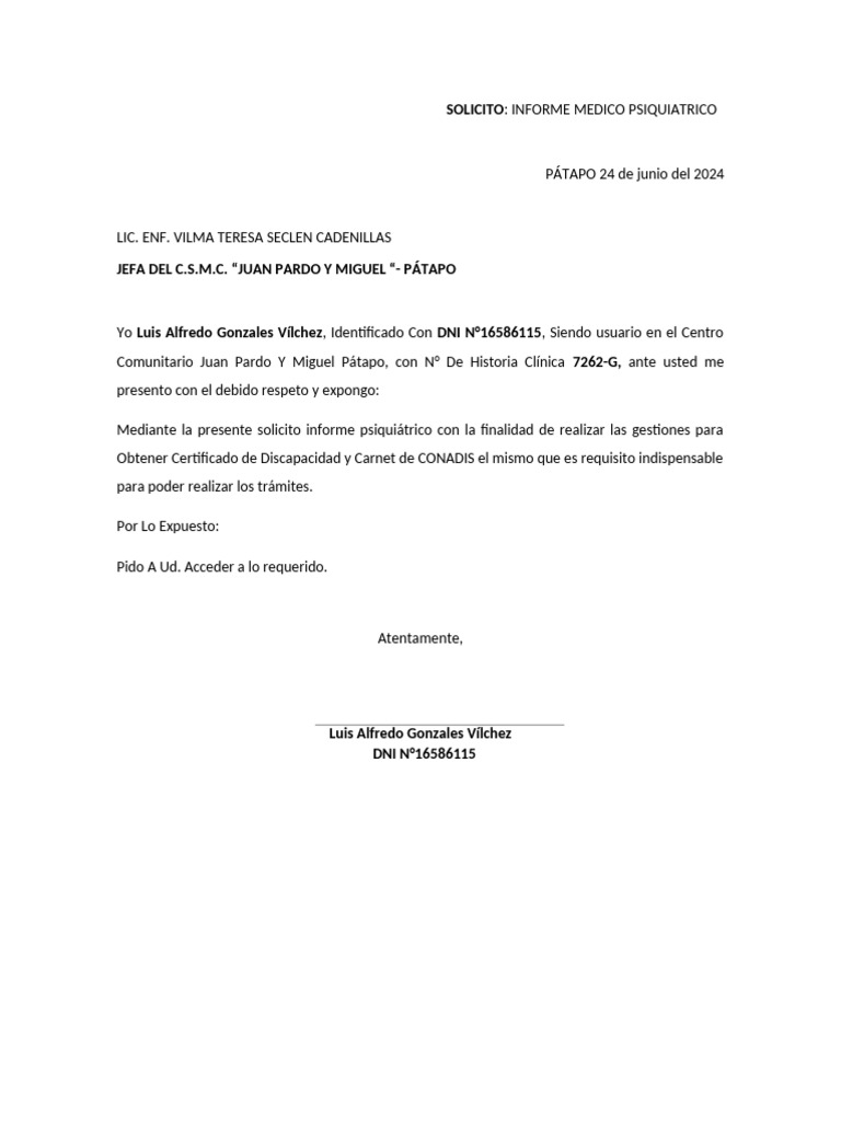 Modelo Solicitud Informe Psiquiatrico | PDF