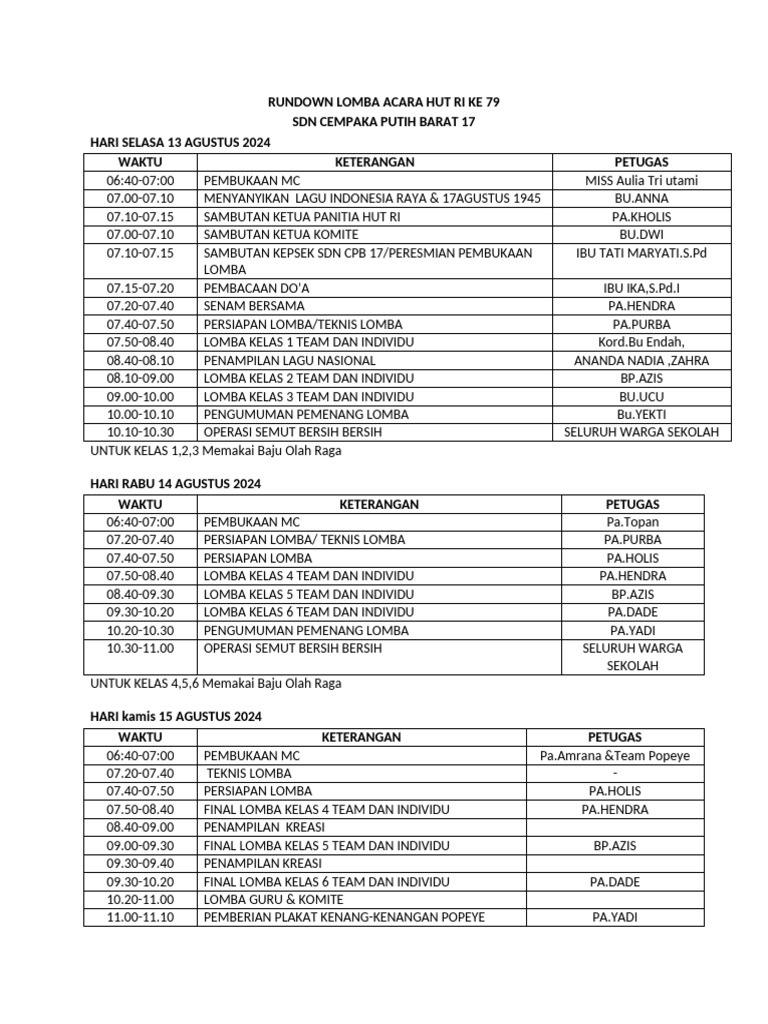 RUNDOWN LOMBA ACARA HUT RI KE 79 | PDF