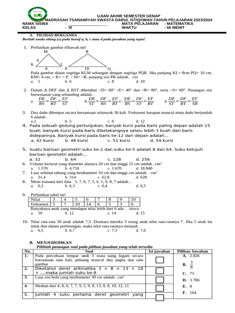 Soal Uas Genap MTS Ma 2024 | PDF