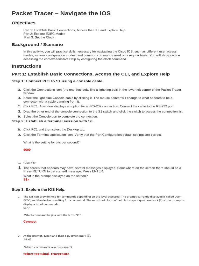 2 3 7 Packet Tracer Navigate The Ios Pdf Command Line Interface