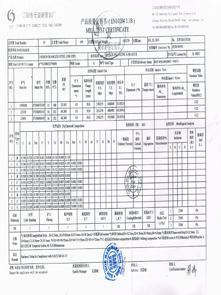 Mill Test Certificate Plate and Pipe | PDF