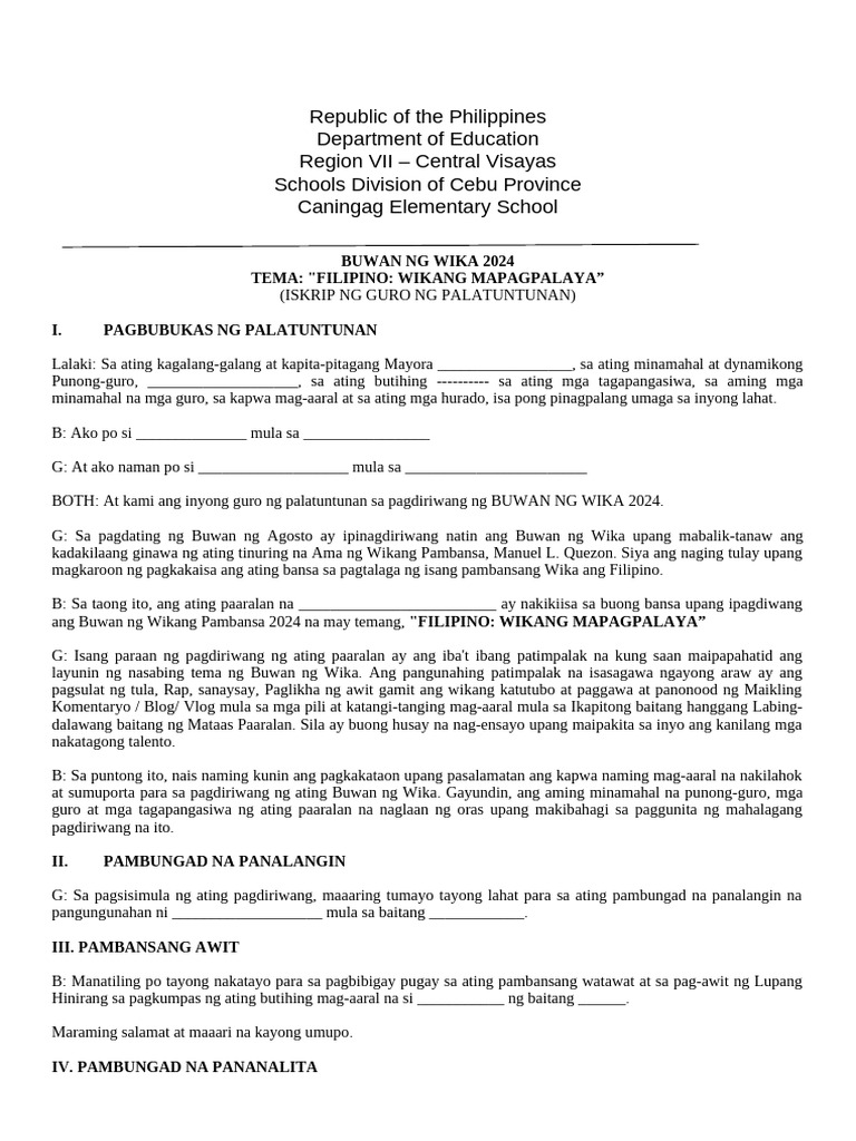 Iskrip NG Guro Sa Palatuntunan - Buwan NG Wika 2024 | PDF