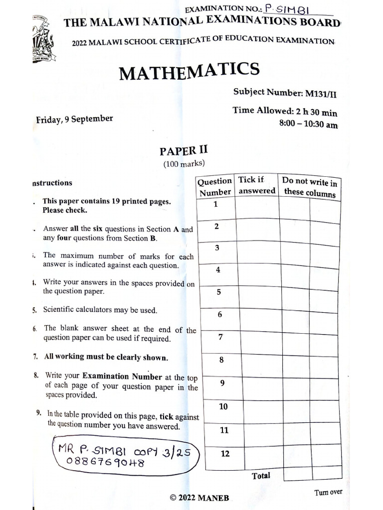 2022 Msce Maths P. 2 | PDF