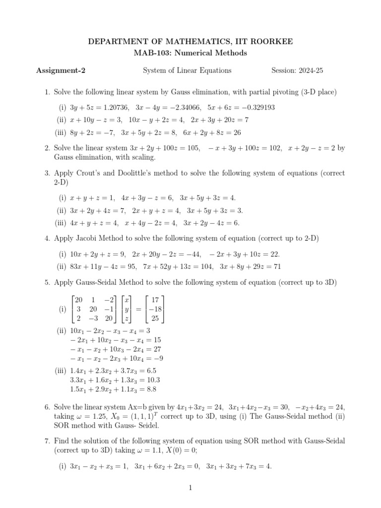 Assignment 2 (MAB-103) | PDF | System Of Linear Equations | Mathematical Analysis