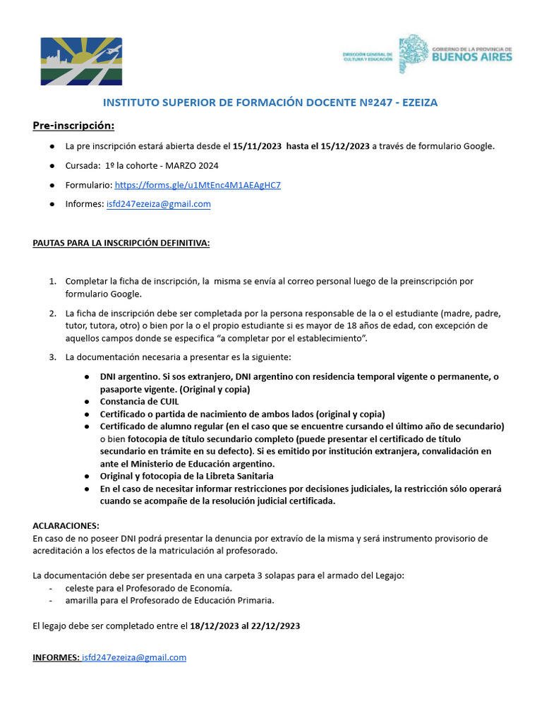 ISFD247 Ezeiza InscripciÃ N 2024 | PDF