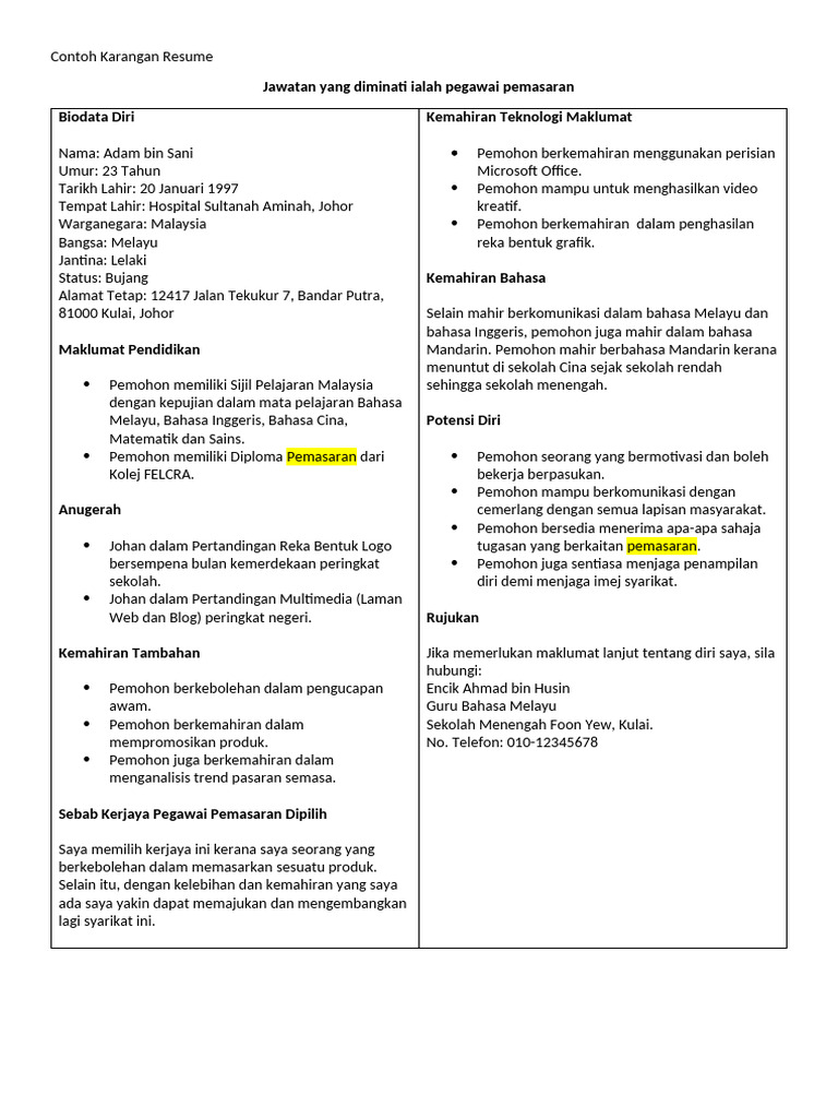 Contoh Karangan Resume | PDF