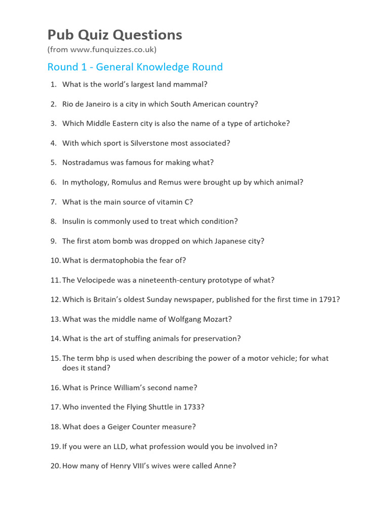 Pub-Quiz-Questions-1 | PDF