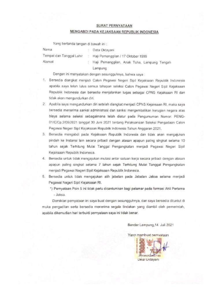 Surat Pernyataan Siap Mengabdi Pada Kejaksaan RI | PDF