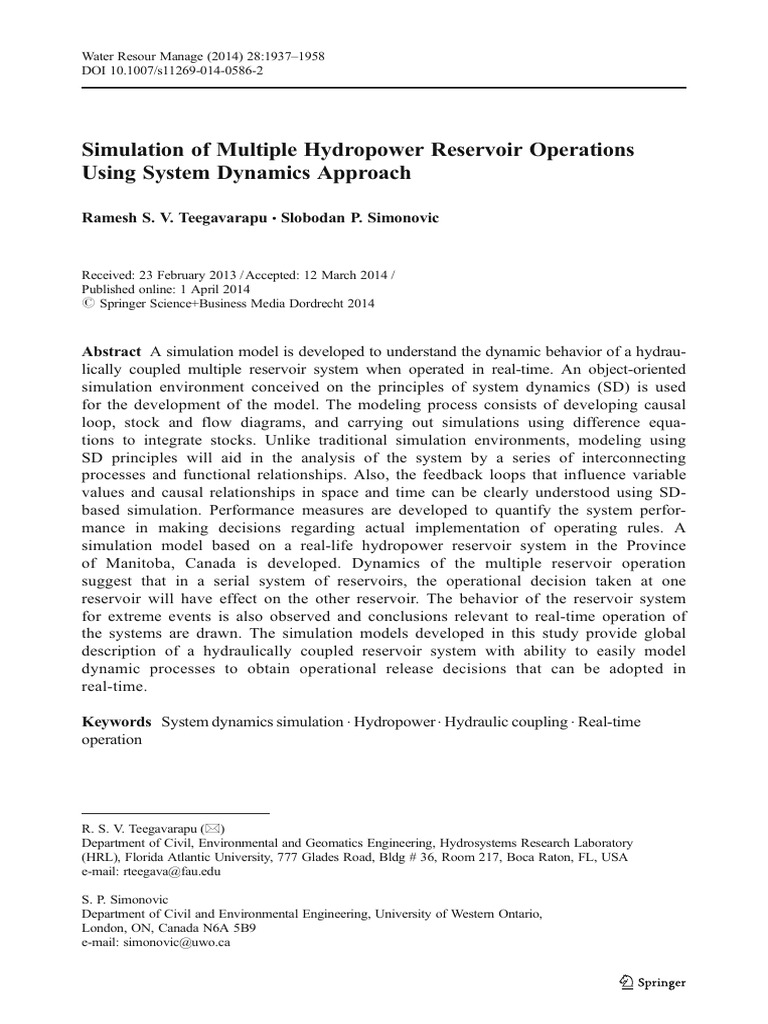 Simulation of Multiple Hydropower Reservoir Operations Using System Dynamics Approach | PDF ...
