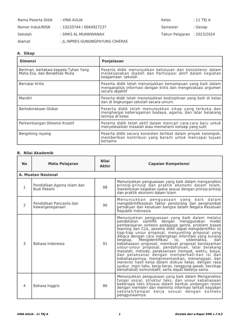 Rapor Vina Aulia 11 TKJ A 2023/2024 | PDF