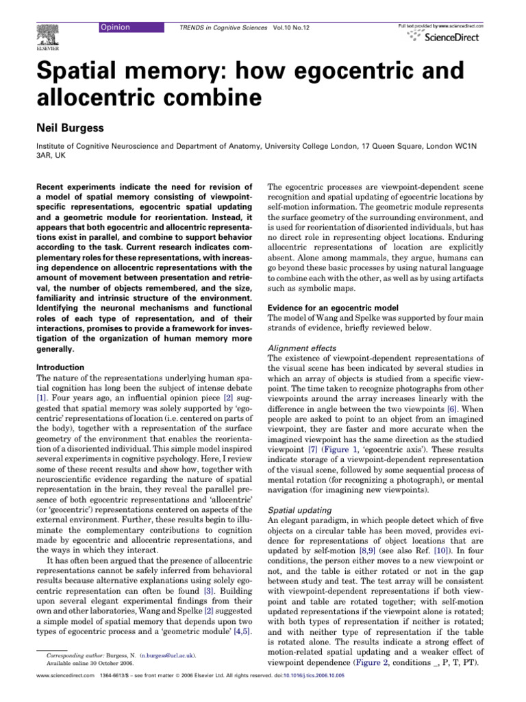 Spatial Memory - How Egocentric and Allocentric Combine | PDF | Hippocampus | Memory