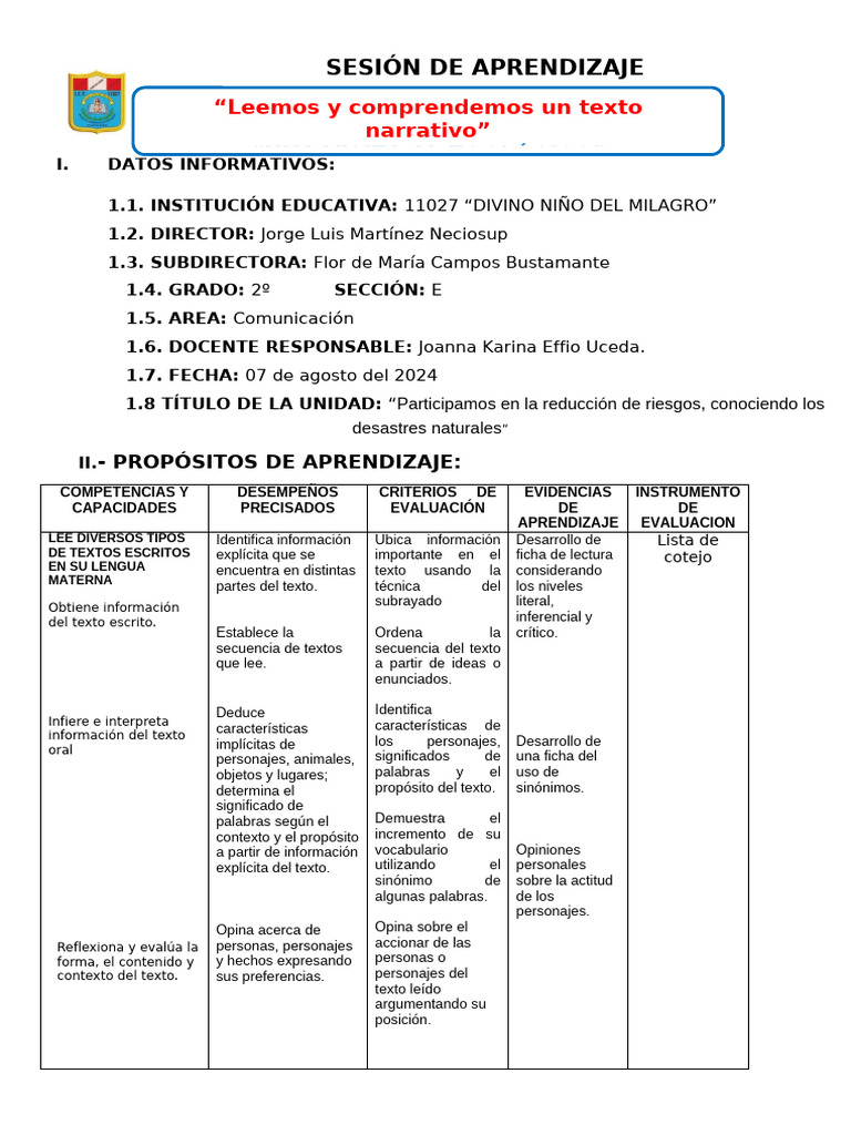 SESION DE PLAN - LECTOR - Leeemos - y - Comprendemos - Un - Texto - Narrativo. | PDF ...