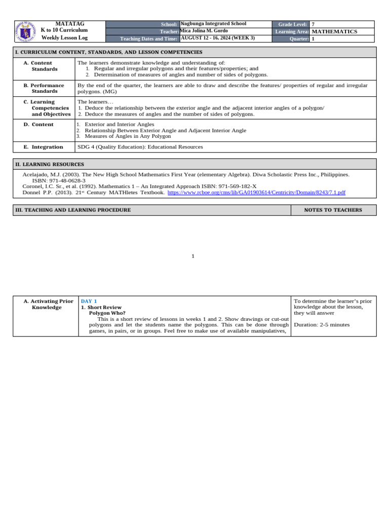 DLL Matatag - Math 7 Q1 W3 | PDF | Triangle | Polygon