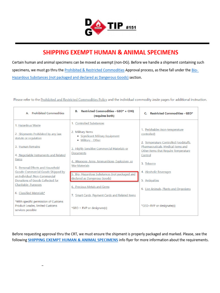 DG Tip 151 - Shipping Exempt Human Animal Specimens | PDF | Dangerous ...