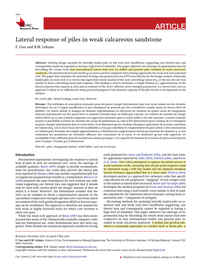 Lateral Pile Response in Weak Sandstone | PDF | Deep Foundation ...