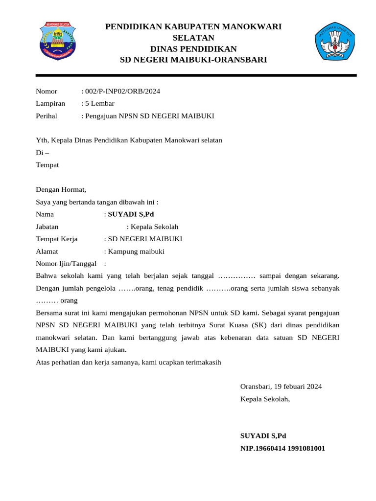 Surat Permohonan Penerbitan NPSN Baru | PDF