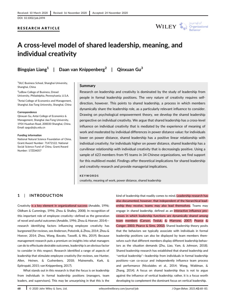 Liang, B., Knippenberg, D.V., Gu, Q. 2020.JOB. A Cross-Level Model of ...