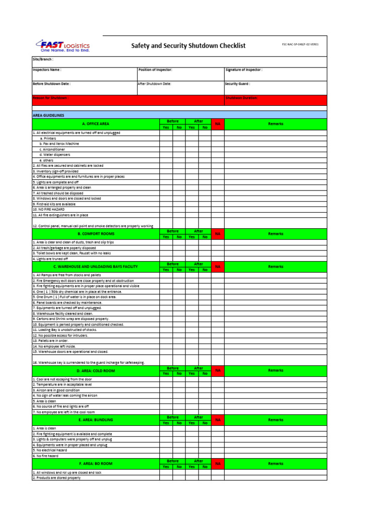 Safety and Security Shutdown Checklist | PDF | Warehouse | Liquefied ...